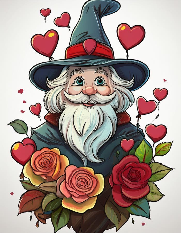 Wizard Valentine Birthday with Heart and Roses Cartoon Stock ...