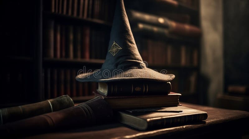 A Wizards Hat and Wand Resting on Top of a Stack of Ancient Books Stock ...