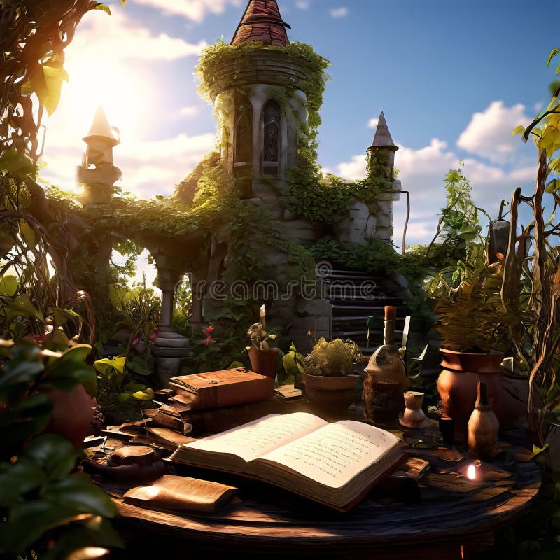 A Wizards Tower Scene on a Rooftop Garden with Spell Books an M Stock ...