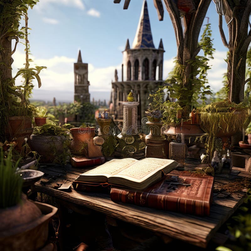 A Wizards Tower Scene on a Rooftop Garden with Spell Books an M Stock ...