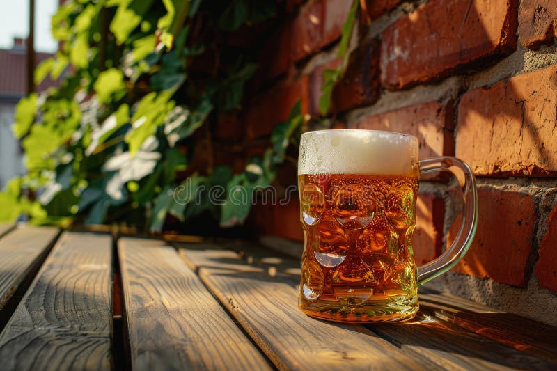 A Wizen Beer Mug on a Wooden Floor with Old Red Wall Rustic. Stock ...