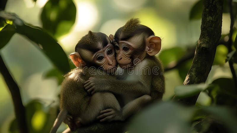 Wo Baby Monkeys Hugging on a Tree Branch in a Forest Setting Stock ...