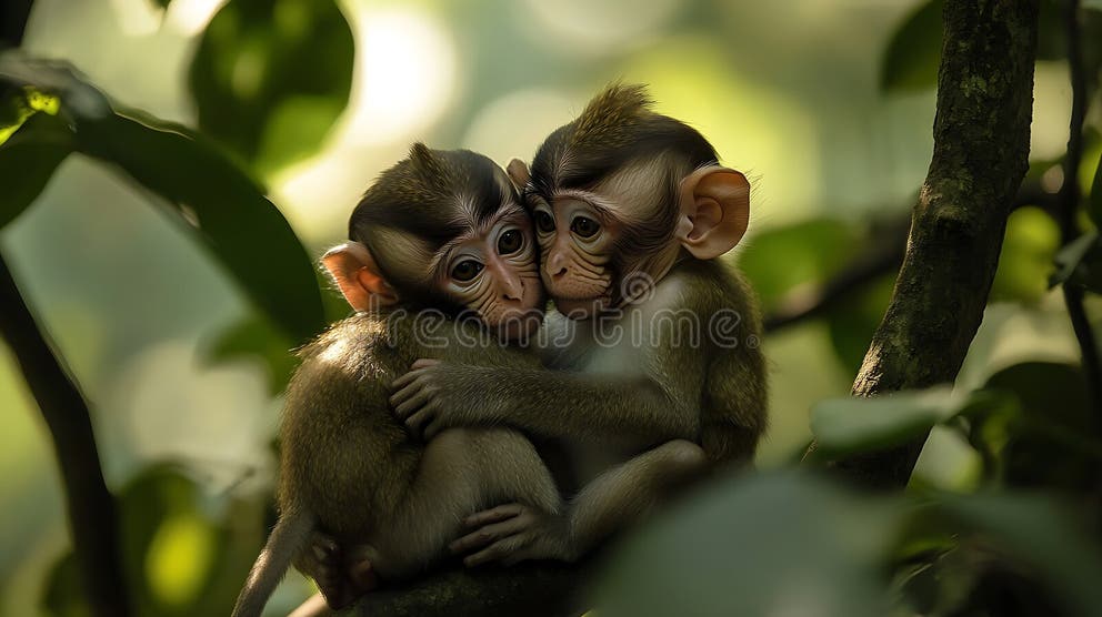 Wo Baby Monkeys Hugging on a Tree Branch in a Forest Setting Stock ...