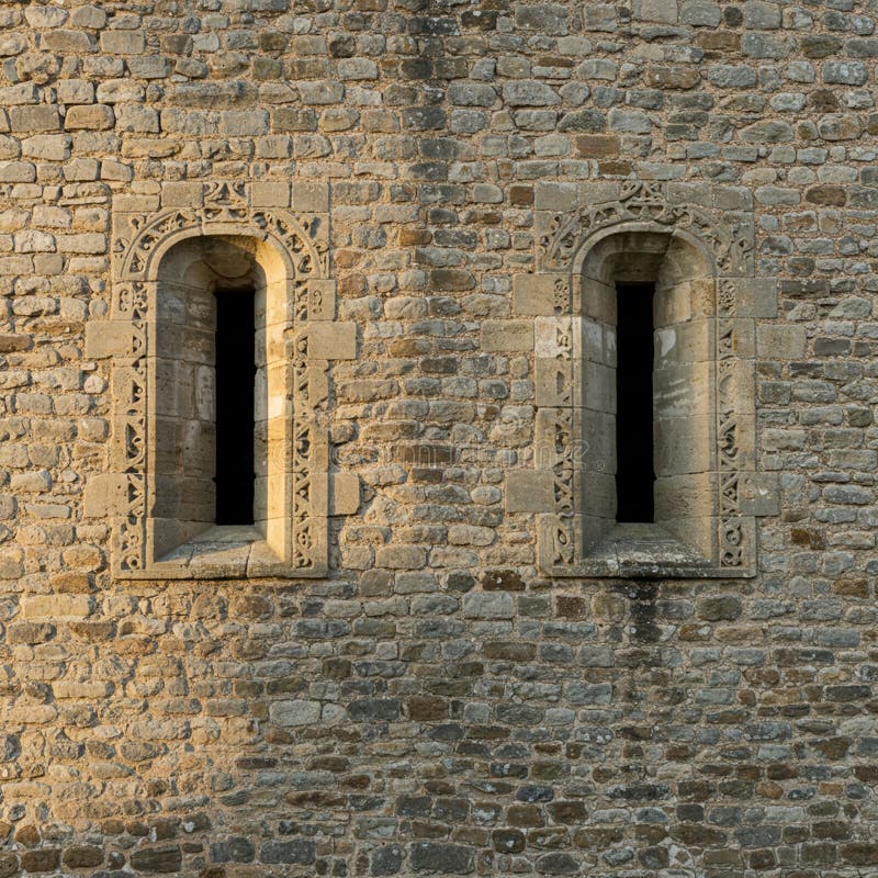 Wo Narrow, Arched Windows are Set in a Stone Wall. the Wall is ...