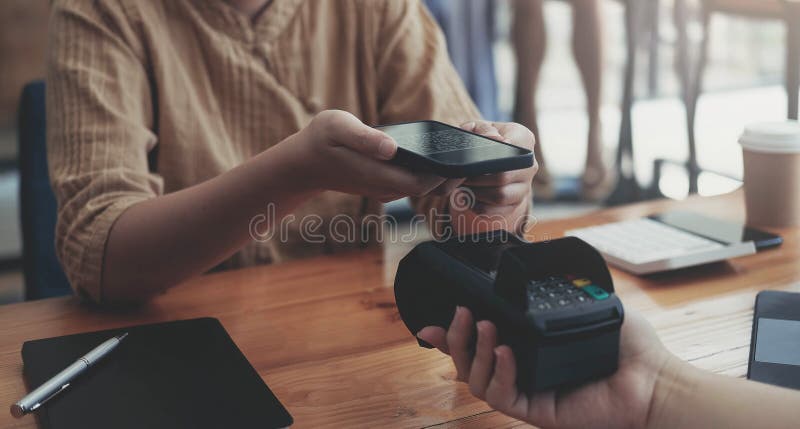 A Woan Using Her Mobile To Made a Payment Wireless with EDC Machine or ...