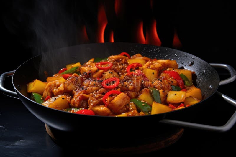 Wok with Bubbling Sweet and Sour Sauce and Pineapple Stock Photo ...