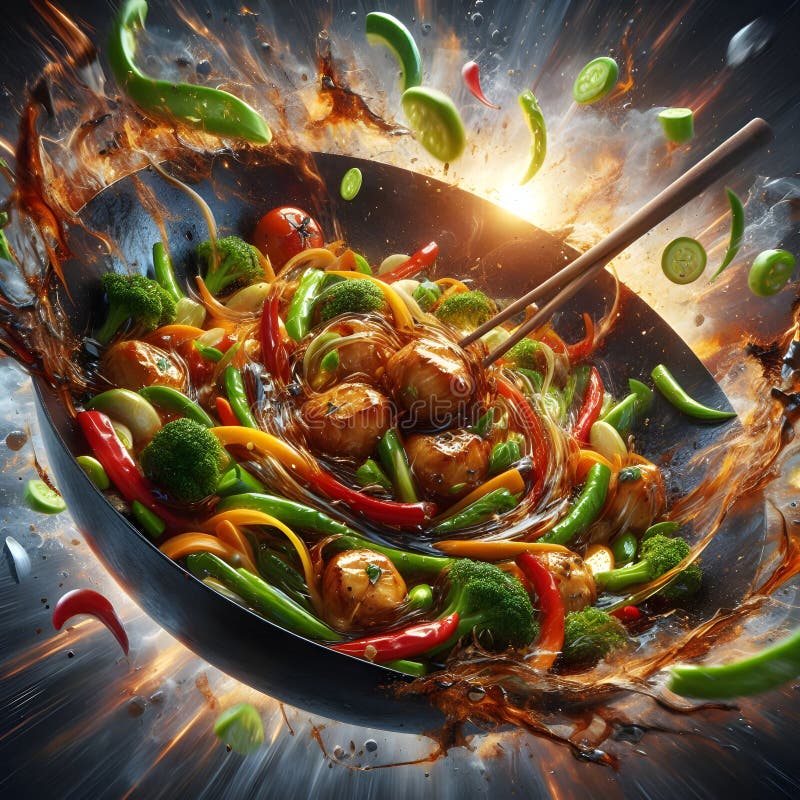 Wok with Chicken and Vegetables Exploding with Fire and Chopsticks ...