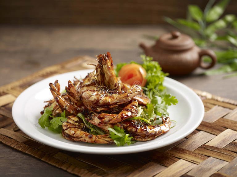 Wok Dancing Prawn Served in a Dish Isolated on Table Side View Stock ...