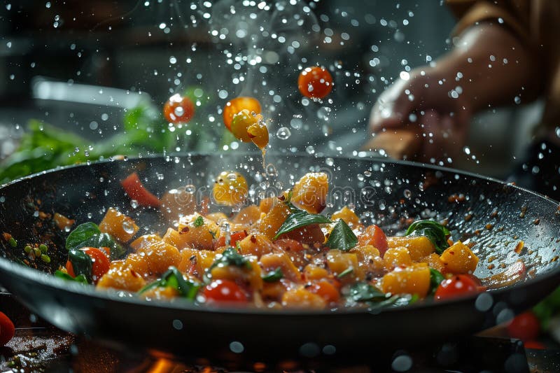 A Wok Filled with Food Being Cooked on a Stove Stock Image - Image of ...