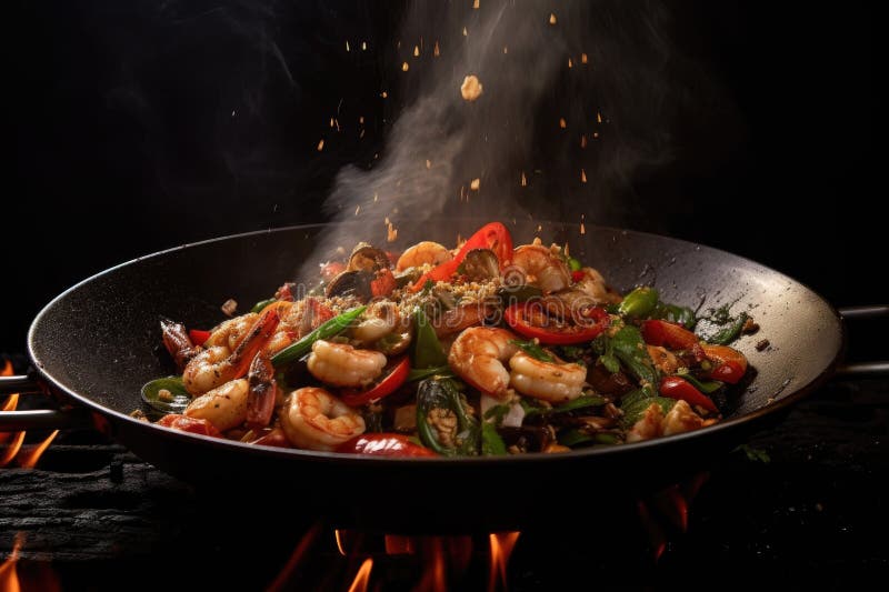 Wok on Fire, Cooking Exotic Seafood Dish Stock Image - Image of aroma ...