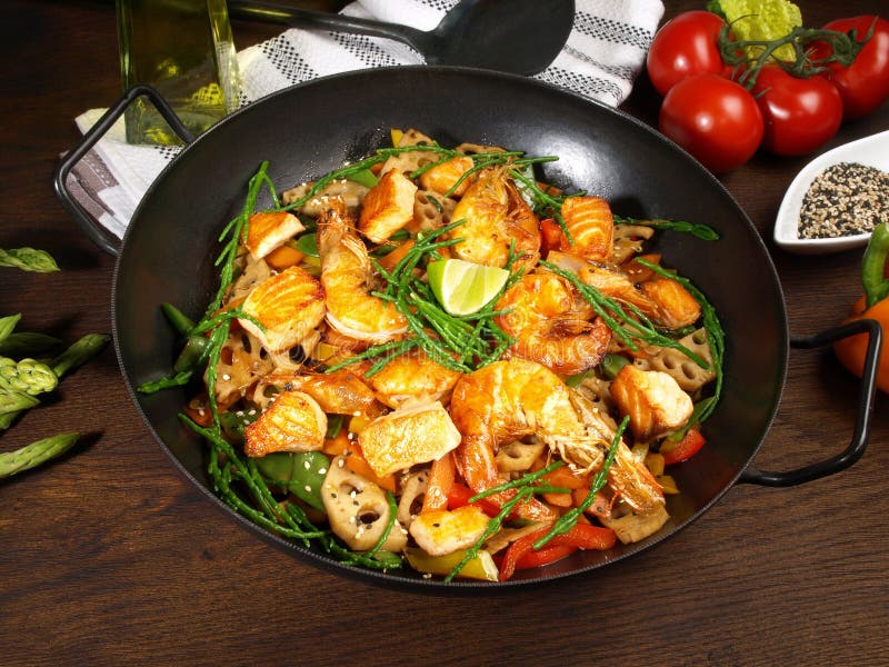 Wok with Roasted Salmon and Noodles Stock Image - Image of dish, fresh ...