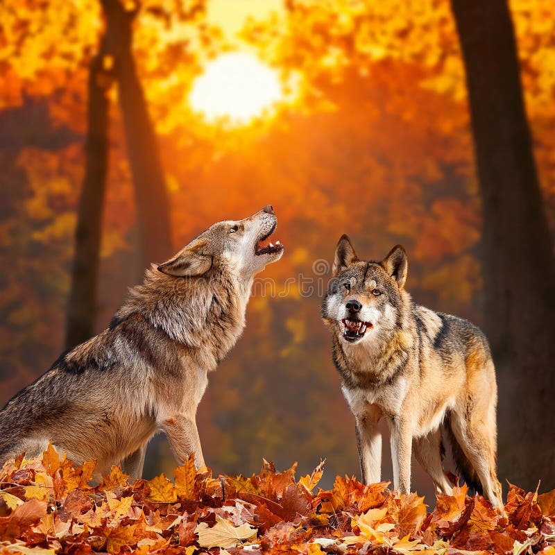Wolf Afraid in Sunset. Two Snarling Wolves in Autumn Leaves Stock ...