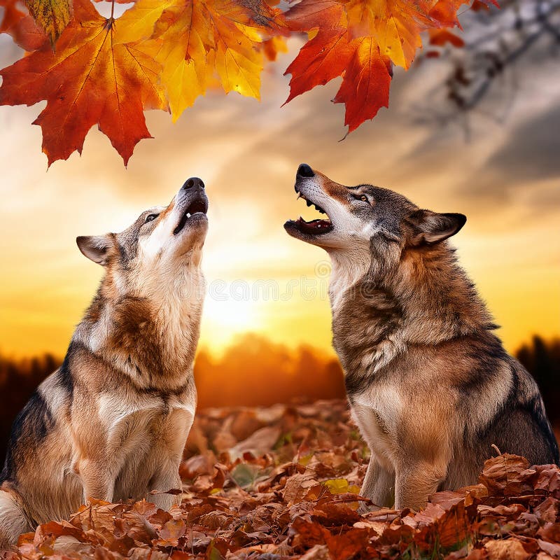 Wolf Afraid in Sunset. Two Snarling Wolves in Autumn Leaves Stock ...