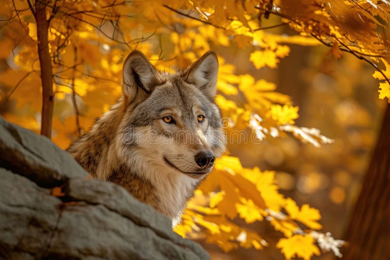 Wolf in Autumn at Forest. Generative AI Stock Illustration ...