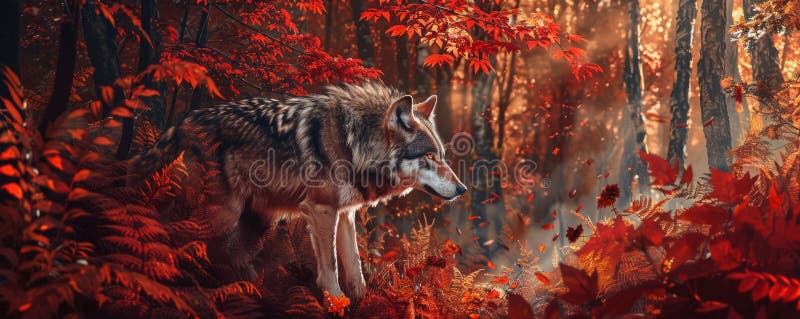 Wolf in an Autumn Forest, Dappled Light. Wildlife and Nature Concept ...