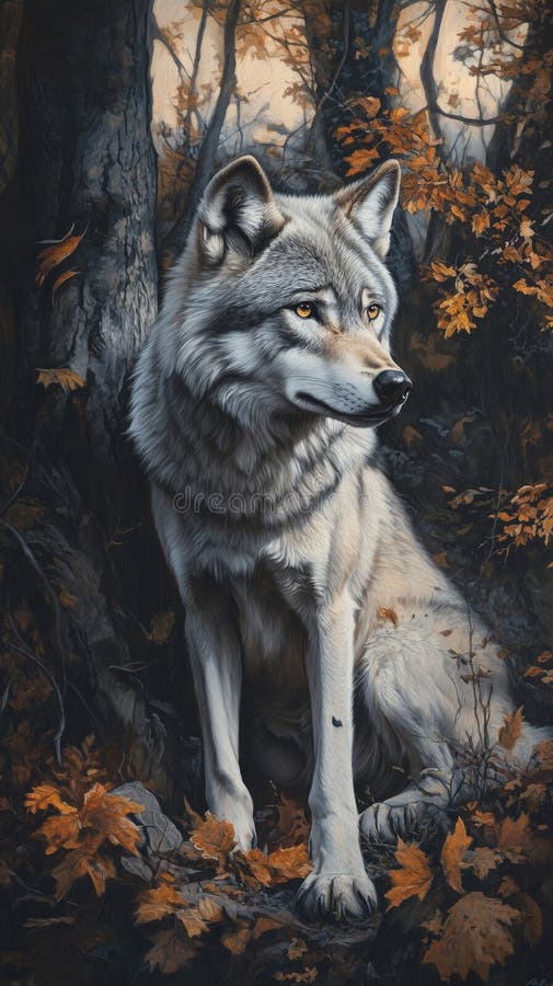 Wolf in Autumn Forest with Fallen Leaves, Wildlife Concept Stock Image ...