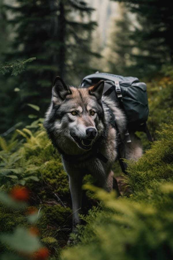 A Wolf with a Backpack Walking through a Forest. AI Generative Image ...