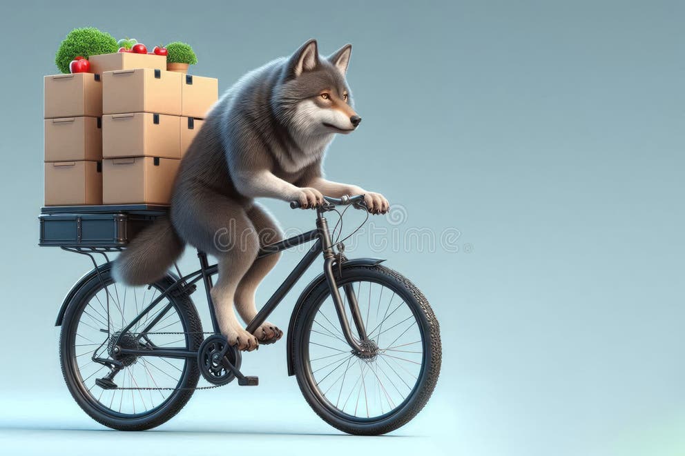 Wolf on a Bicycle with Boxes and Vegetables. Space for Text. Stock ...
