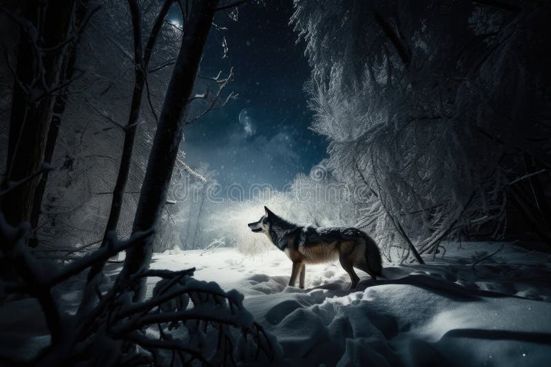 Wolf Bounding through Snow-covered Forest, Its Fur Illuminated by the Moonlight Stock ...