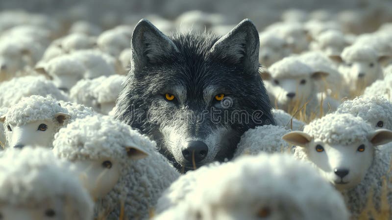 A Wolf Camouflaged among a Herd of Sheep, Showcasing Natures Predator ...