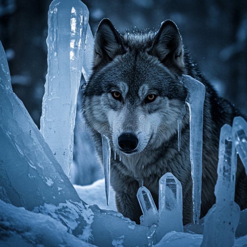 A Wolf (Canis Lupus) Stands Amidst Sharp, Translucent Icicles in a ...