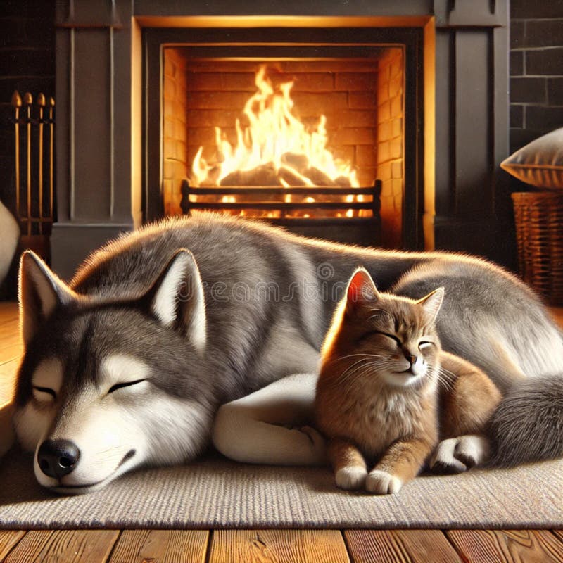 A Wolf and a Cat Enjoying the Fire Bone Stock Photo - Image of animals ...
