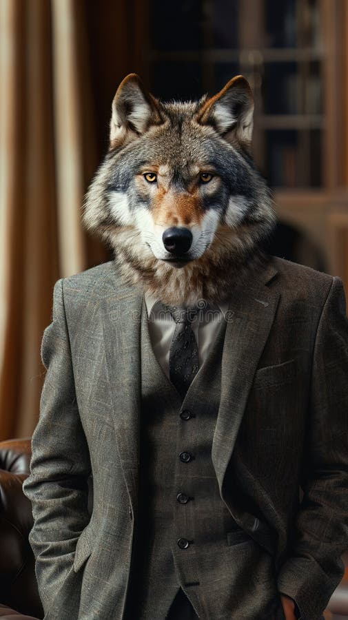 A Wolf in a CEOs Office Wearing a Tailored Suit Symbolizing Leadership ...