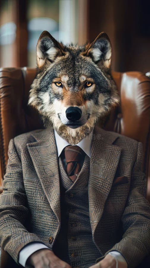 A Wolf in a CEOs Office Wearing a Tailored Suit Symbolizing Leadership ...