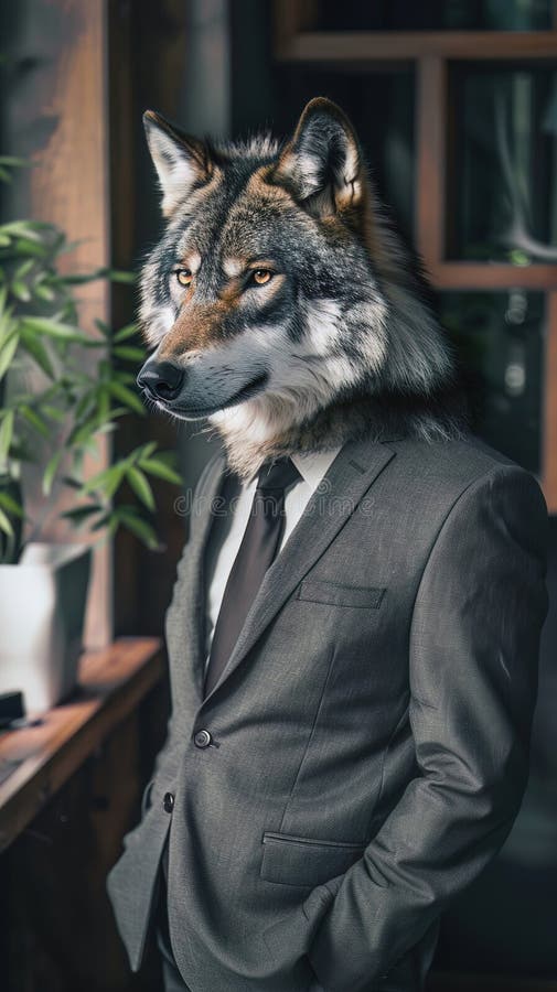 A Wolf in a CEOs Office Wearing a Tailored Suit Symbolizing Leadership ...