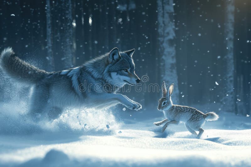 A Wolf is Chasing a Rabbit in the Snow Stock Illustration ...