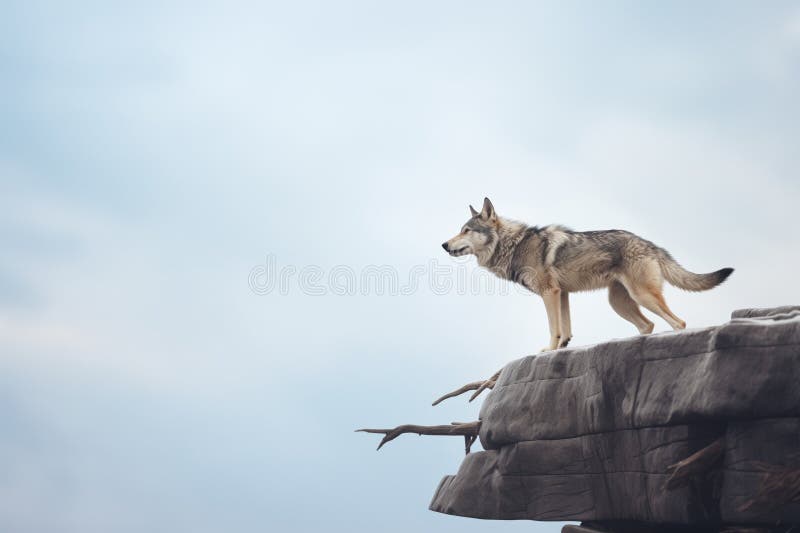 Wolf on Cliff Overhang Howling Against Winter Sky Stock Illustration ...