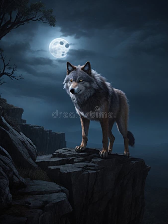 Wolf on a Cliff Under the Full Moon Stock Photo - Image of moon ...