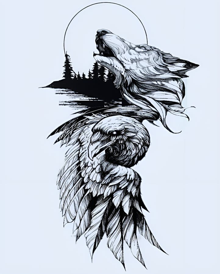 WOLF CROW TATTOO DESIGN for MEN and WOMEN Stock Illustration - Illustration of drawing, tattoo ...