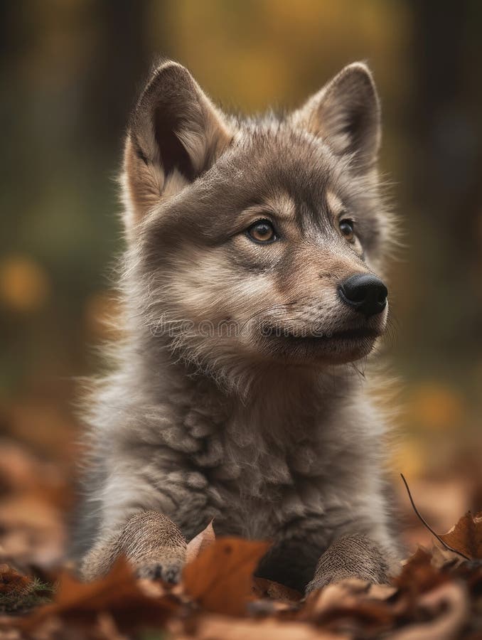 Wolf Cub Sitting in the Leaves Stock Illustration - Illustration of ...