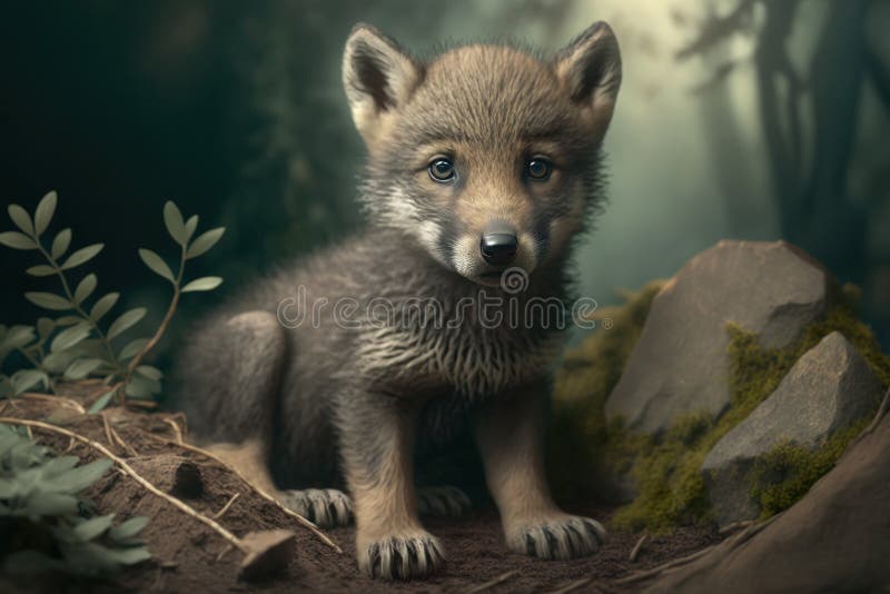 Illustration of a Wolf and Wolf Cub in a Frozen Landsc Stock ...