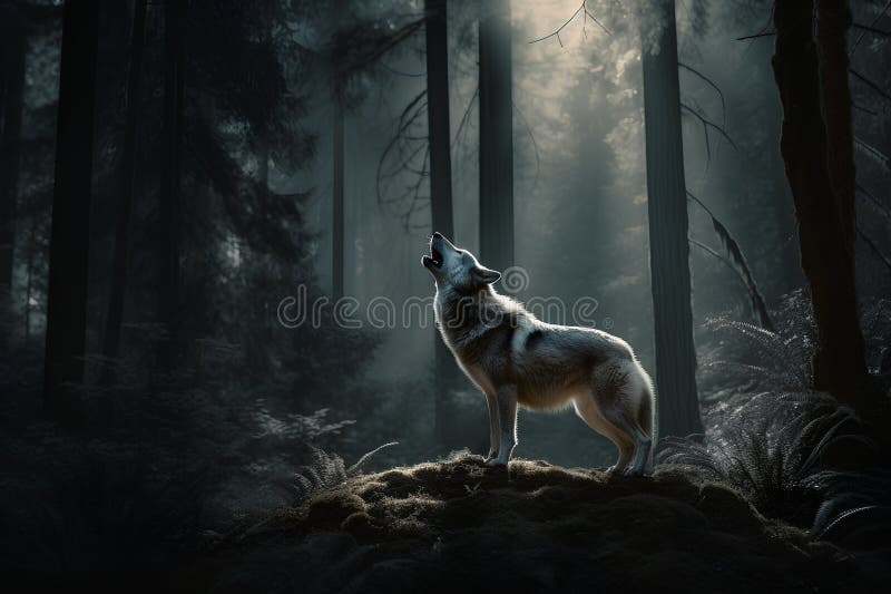 Wolf in the Dark Forest. 3D Rendering. Halloween Theme Stock ...
