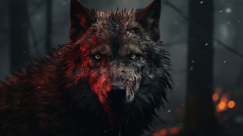 Wolf in the Dark Forest with a Knife and Blood on His Body Stock ...