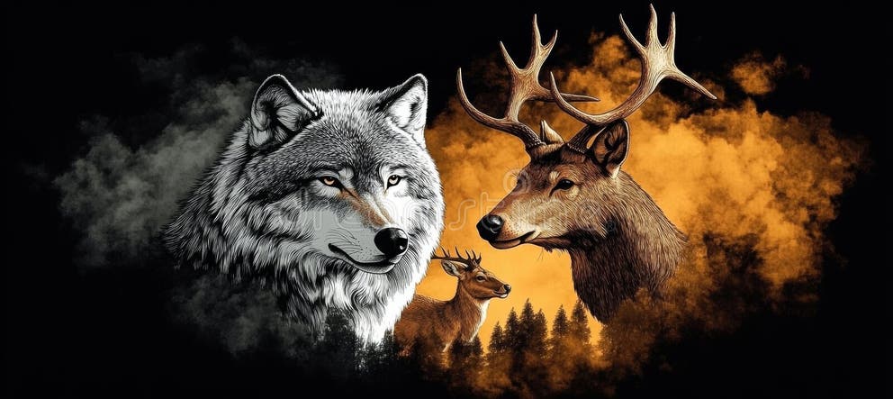 Wolf and Deer in Mystical Forest a Captivating Wildlife Illustration on ...