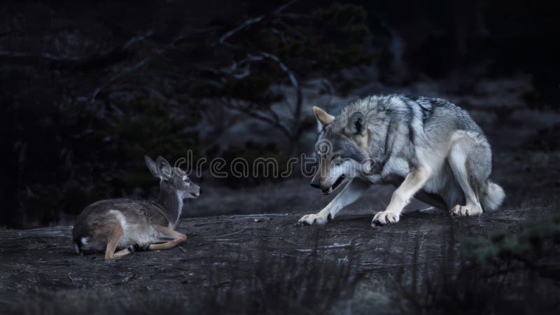A Wolf and a Deer in the Woods with Some Trees, AI Stock Photo - Image ...