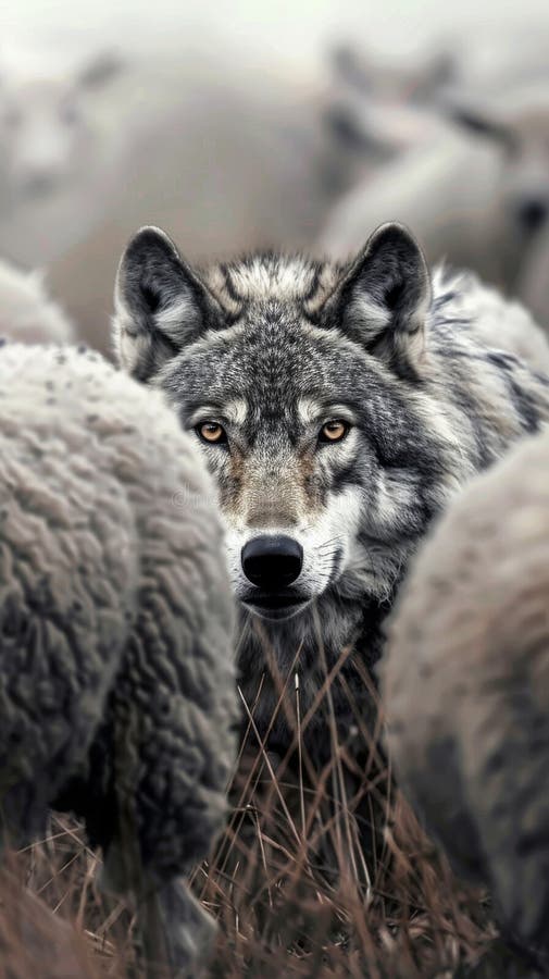 Wolf Disguised among Sheep in a Meadow Stock Photo - Image of watchful ...