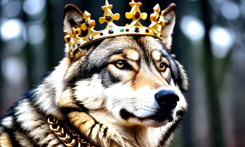 Wolf Dog Wearing a Golden Crown on the Head Stock Photo - Image of ...