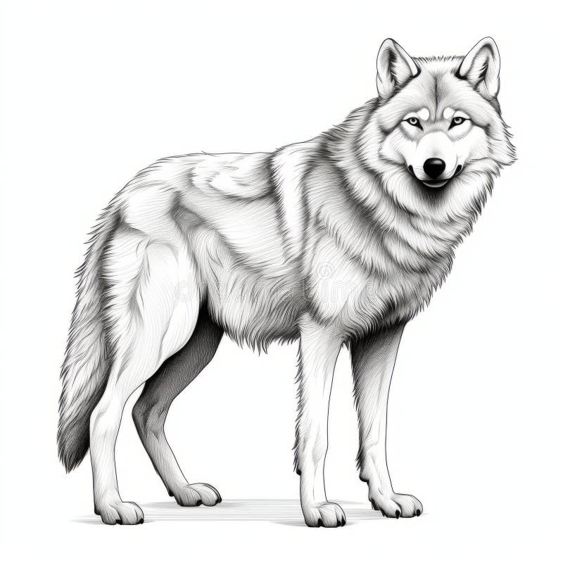 Detailed Black and White Wolf Illustration with Contoured Shading Stock ...
