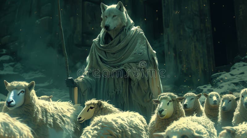A Wolf or Dog Disguised among a Flock of Sheep Stock Illustration ...
