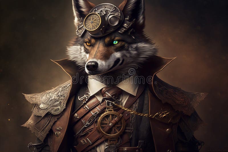 A Wolf is Dressed in a Steampunk Outfit in the Front. AI Stock Image ...