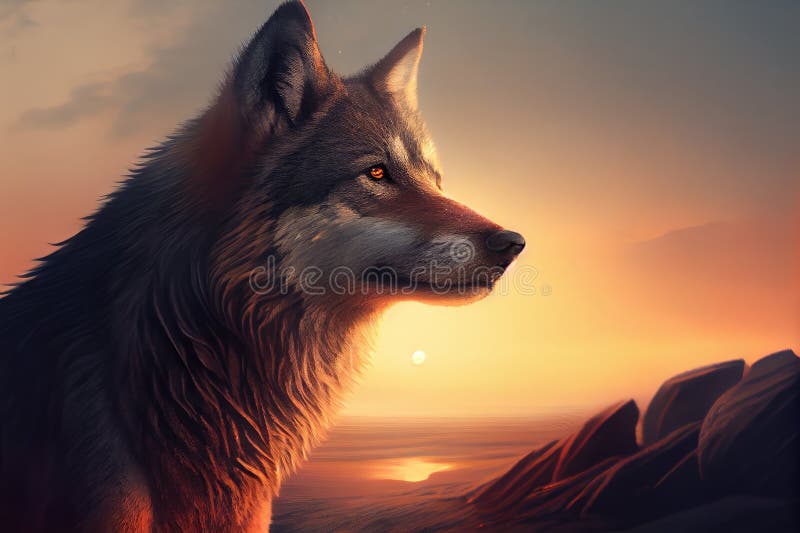 Wolf Eyes Fixed On The Distant Horizon While Basking In The Warm Rays Of The Sun Stock