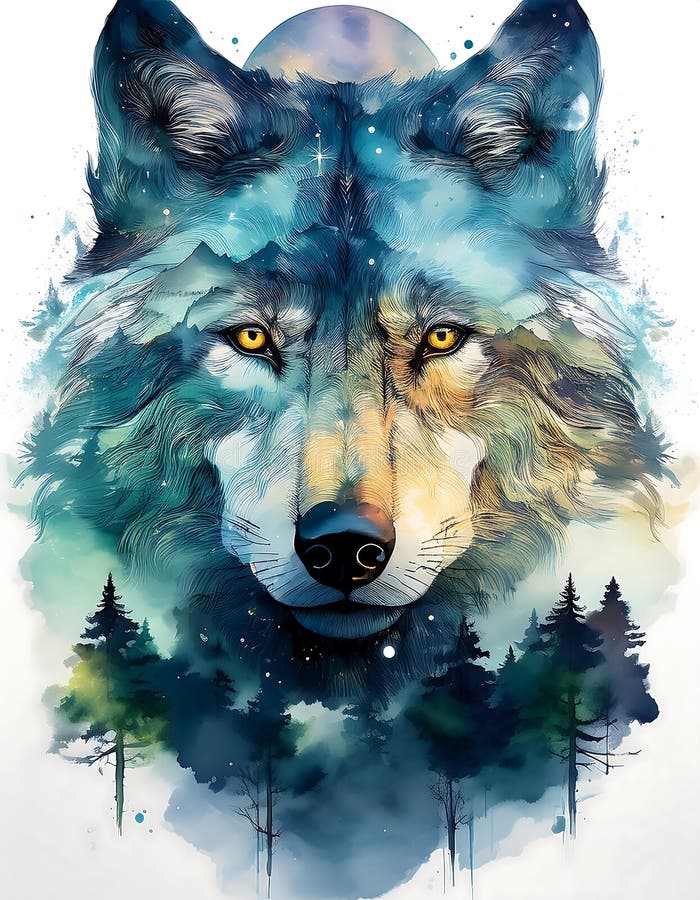 Wolf Face Blends with Tranquil Forest in a Mesmerizing Double Exposure ...
