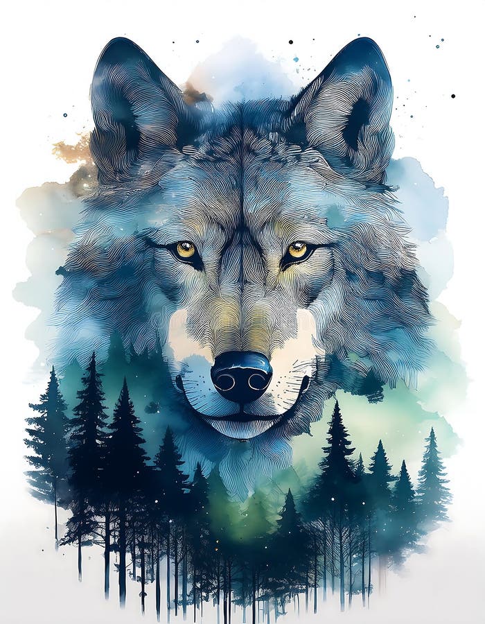 Wolf Face Blends with Tranquil Forest in a Mesmerizing Double Exposure ...