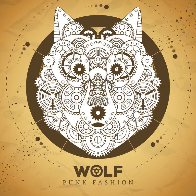 Wolf Face Silhouette with Gears on Old Paper Texture Background. Punk ...