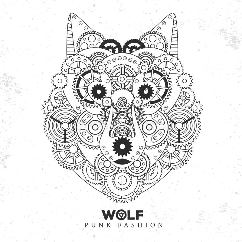 Wolf Face Silhouette with Gears on Old Paper Texture Background. Punk ...