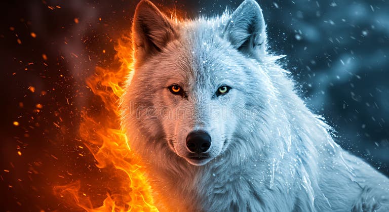 Wolf Face Split between Fire and Ice Creating a Dramatic Contrast Stock ...